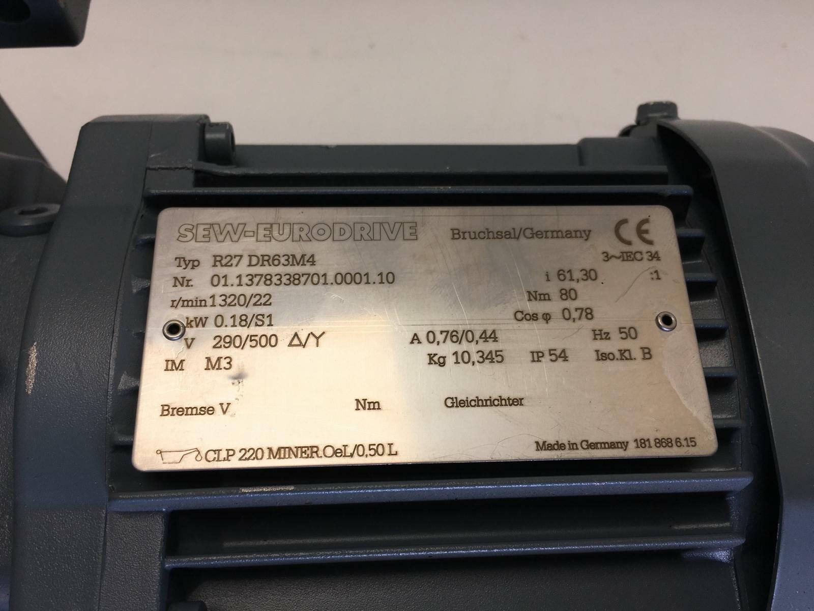 SEW eurodrive Getriebemotor R27 DR63M4 Motor 290/500 V 1320/22 r/min 0 ...