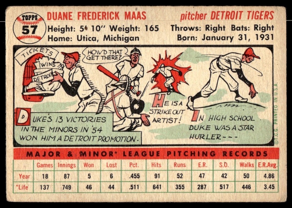 1956 Topps Duke Maas VG/EX (B) RC Detroit Tigers #57 | eBay