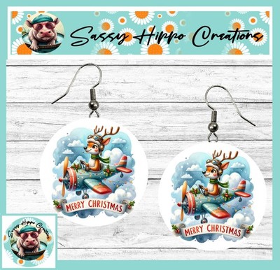 Earrings Round Silver Hook Backs Reindeer Pilot Airplane Merry ...