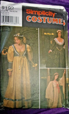 SIMPLICITY LADIES TUDOR PERIOD TYPE COSTUME SEWING PATTERN SIZE 10/14 ...