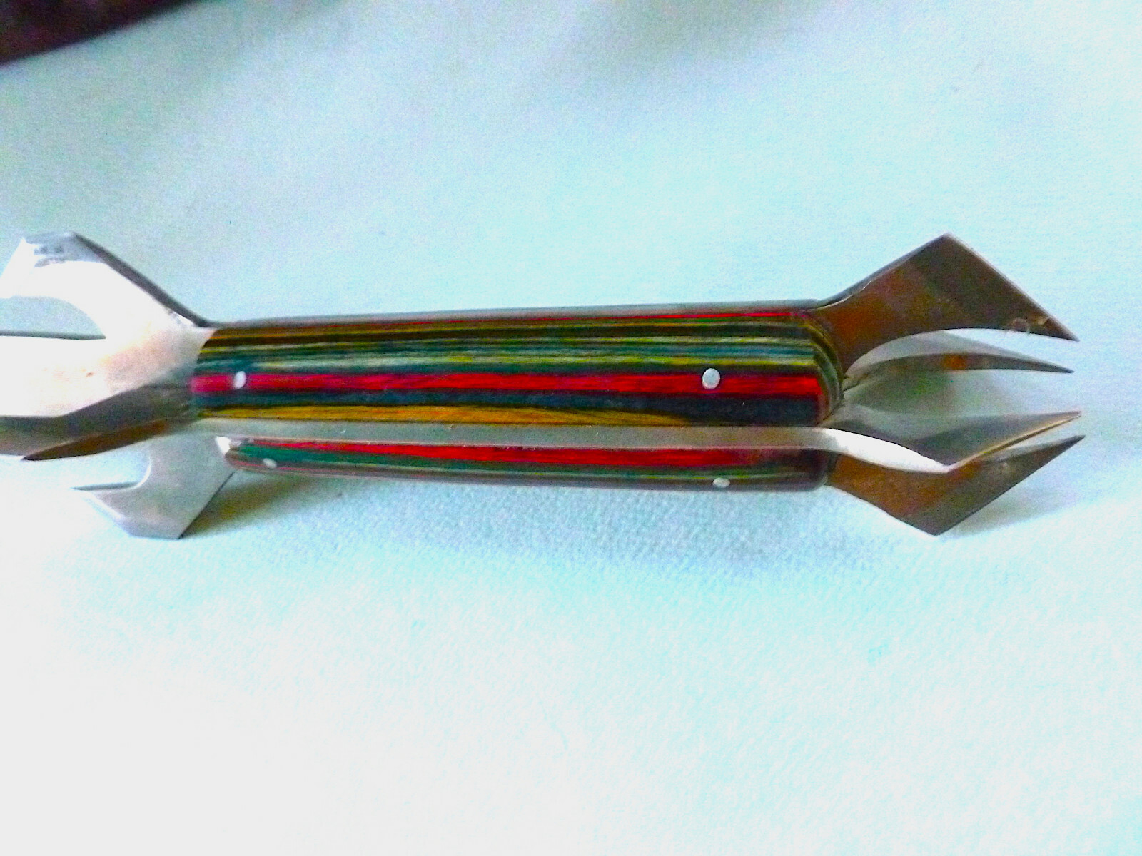 HUNTING KNIFE Fixed W/Leather Sheath 2/4 Pronged Blades STAINLESS STEEL ...