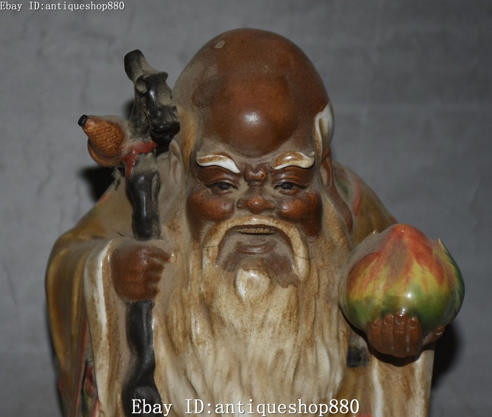 8" Old Chinese Wucai Porcelain Shou Gourd Peach Shouxing Longevity God ...