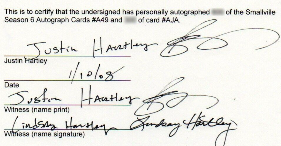 Contract JUSTIN HARTLEY Inkworks AUTOGRAPH Certification SMALLVILLE ...