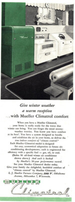 1948 Mueller Climatrol: Winter Weather a Warm Reception Vintage Print ...