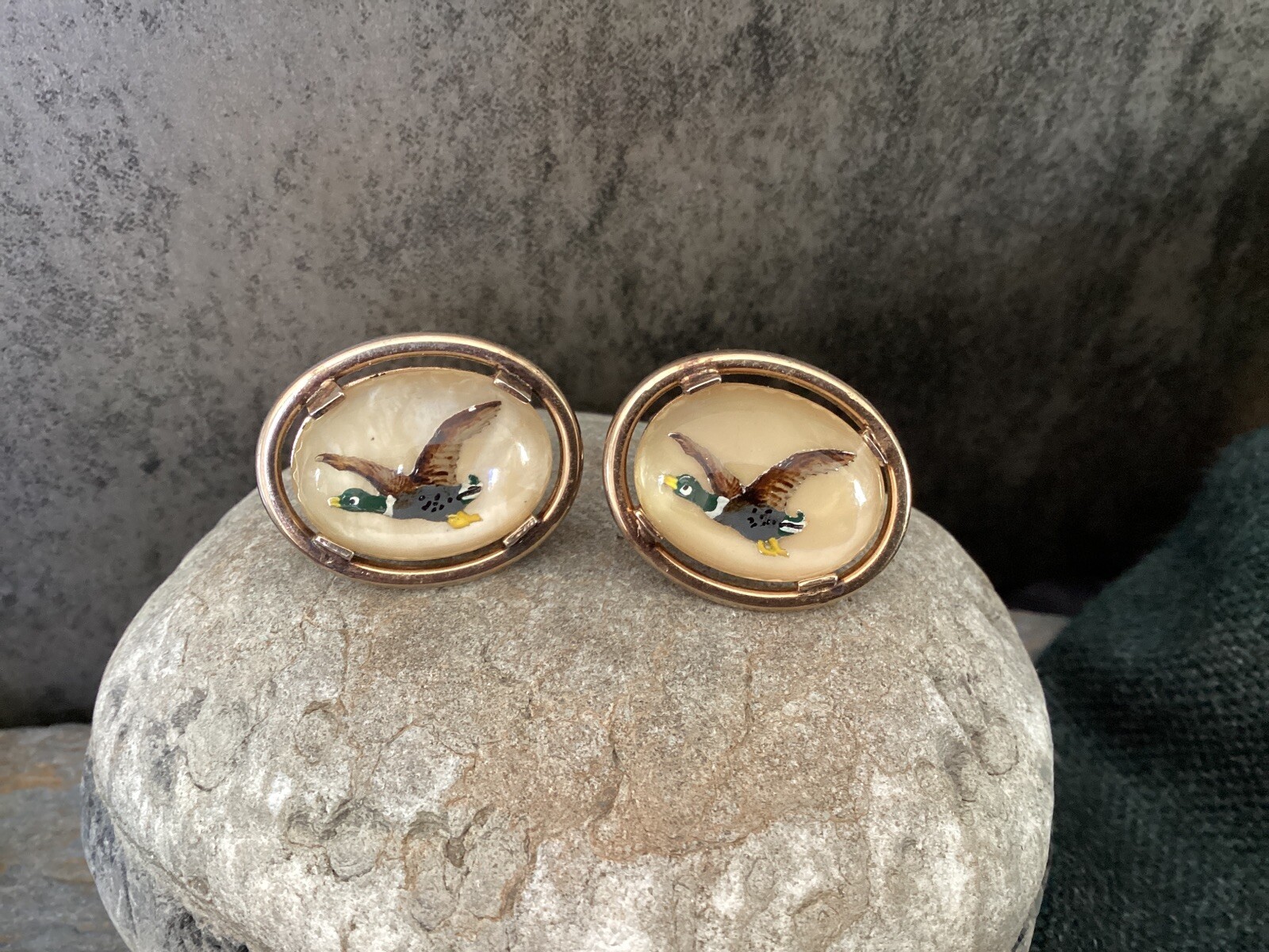 Vintage SWANK Reverse Painted Look Mallard Duck Crystal Dome Cufflinks ...
