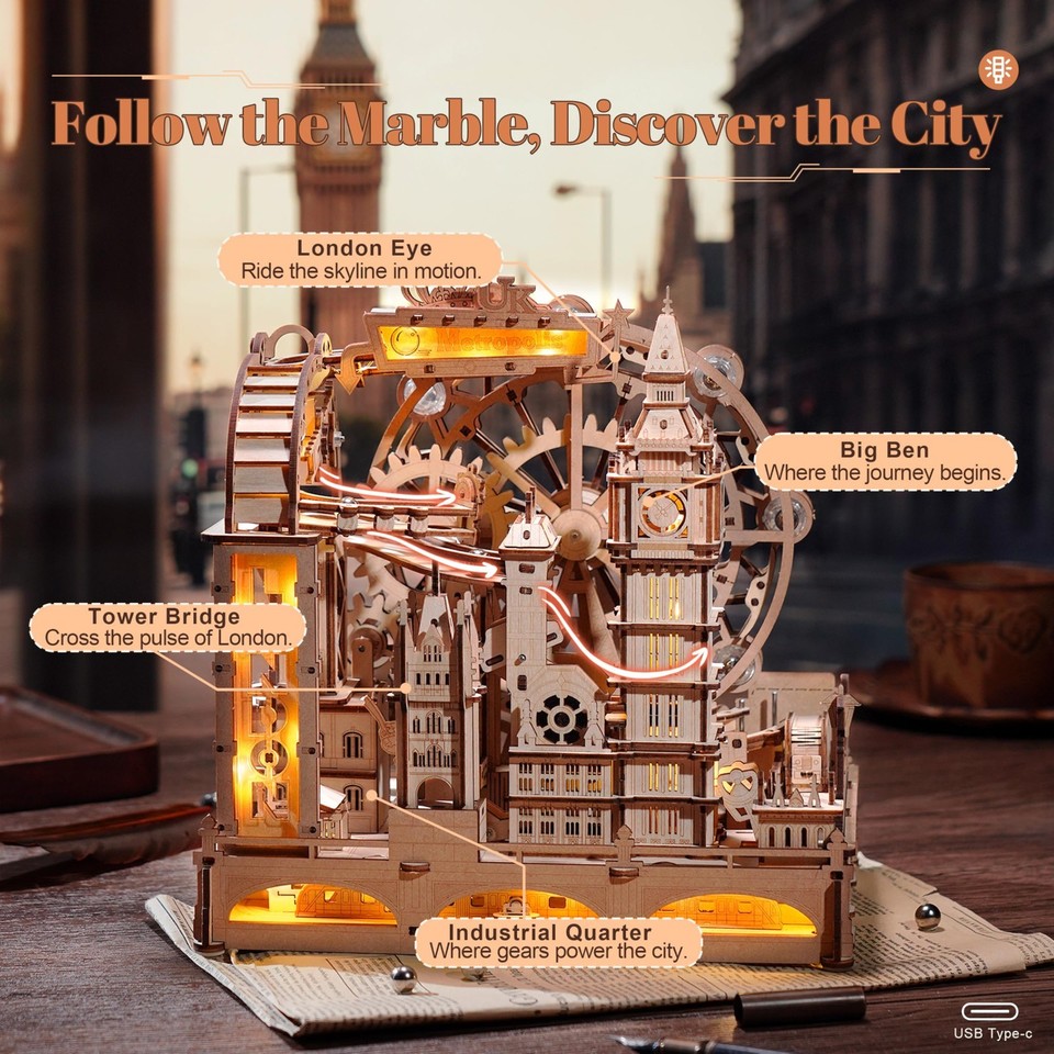 ROKR Marble Travel · London 3D Wooden Puzzle Marble Run Model Kit ...