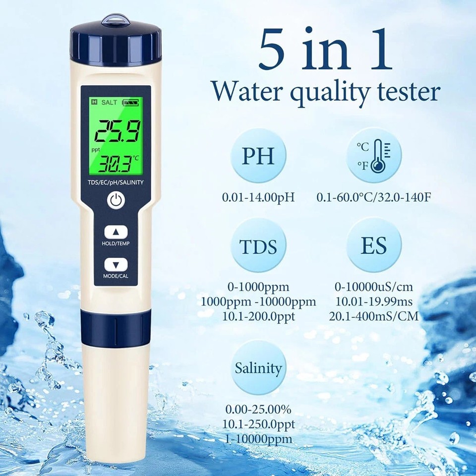 PH/TDS/EC/Salinity/Temperature 5 In 1 Digital Water Quality Meter ...