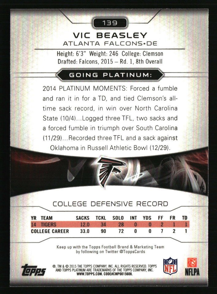 Vic Beasley 2015 Topps Platinum #139 FOOTBALL Card | eBay