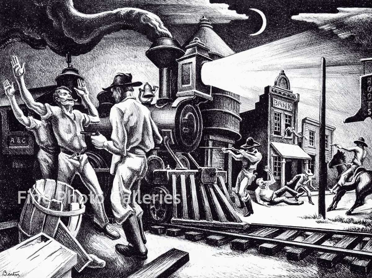 1936 Vintage THOMAS BENTON Jesse James Train Robbery Wild West Art ...
