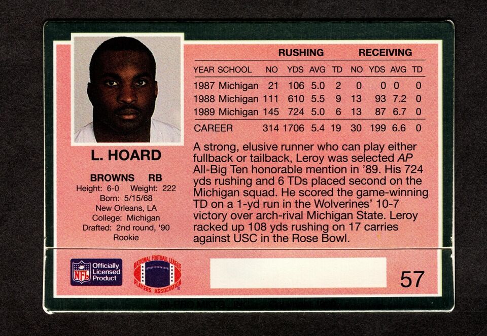 1990 ACTION PACKED RC #57 LEROY HOARD - CLEVELAND BROWNS - ROOKIE CARD ...