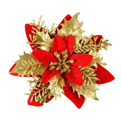 NNEOBA 10Pcs 14cm Glitter Artificial Christmas Flowers - Red Gold Xmas ...