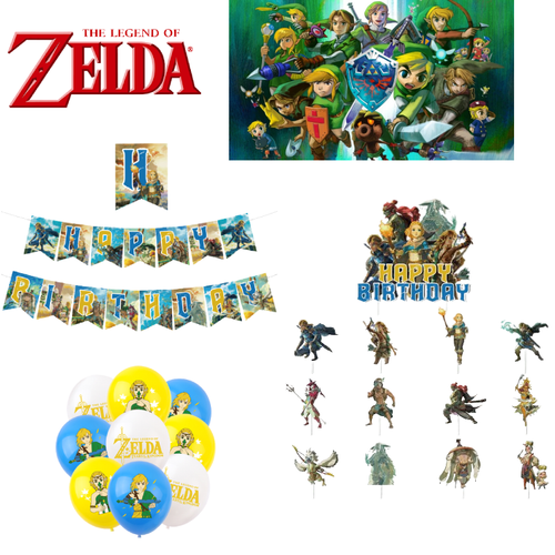 Colorful Party Banners, Cake Toppers, And Balloons For A Zelda Game ...