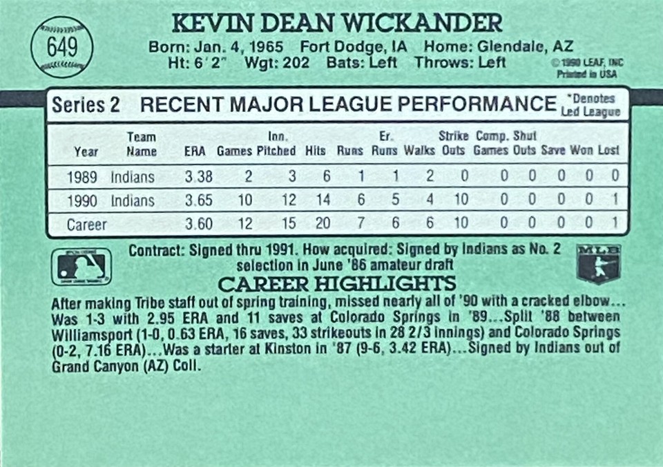 1991 Donruss #649 Kevin Wickander Cleveland Indians Baseball Card | eBay
