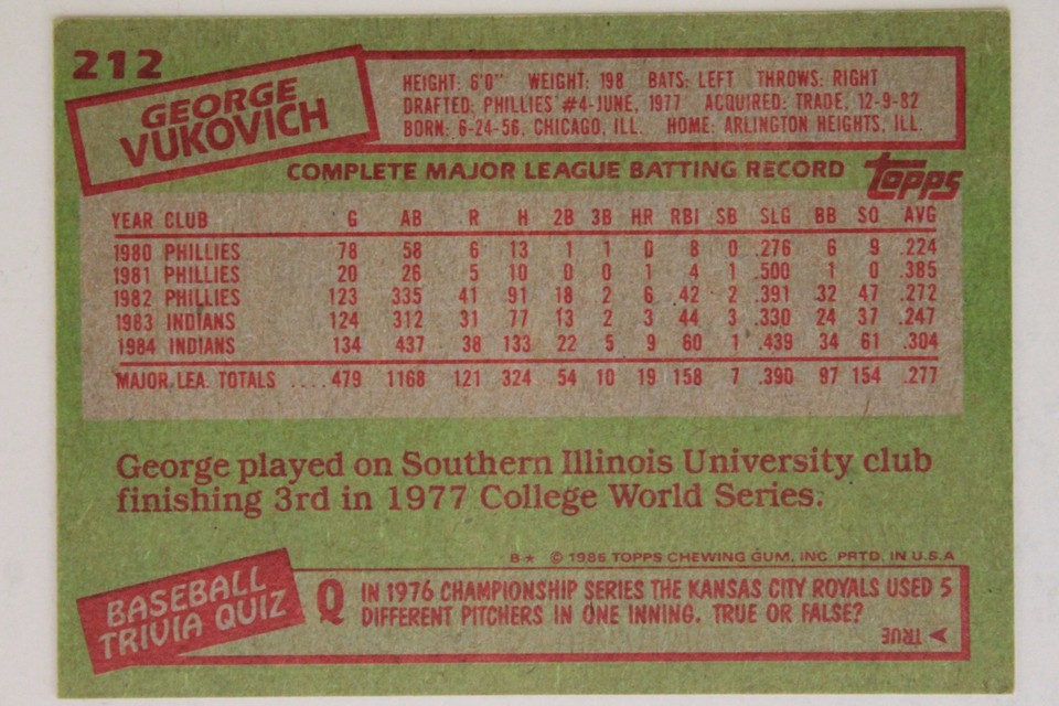 GEORGE VUKOVICH Indians Phillies Autograph 1985 Topps #212 Signed Card ...