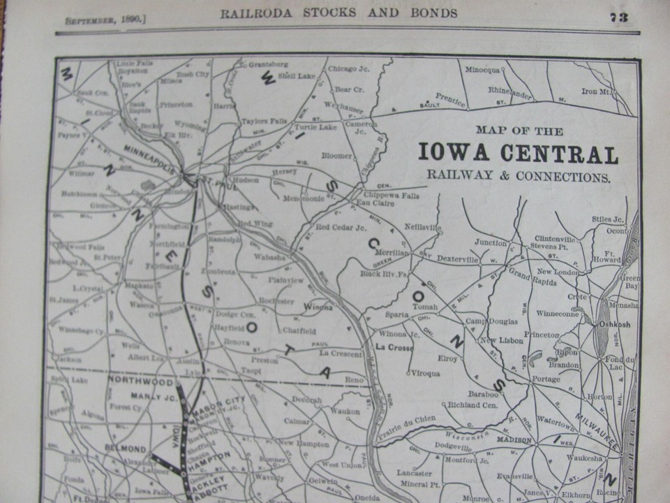 1890 SEPT IOWA CENTRAL RAILROAD ORIGINAL SYSTEM MAP IC RR STATIONS ...