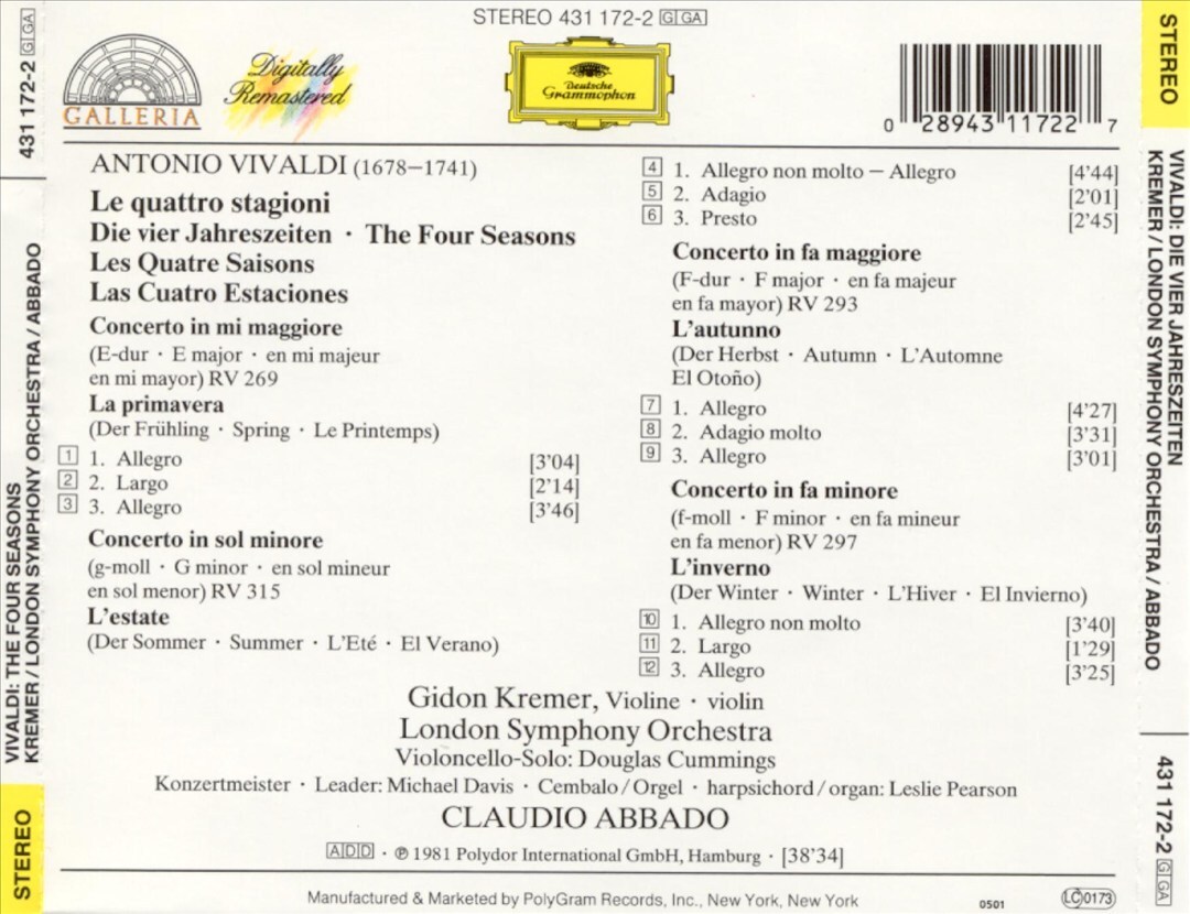 GIDON KREMER / CLAUDIO ABBADO ANTONIO VIVALDI: LE QUATTRO STAGIONI NEW ...