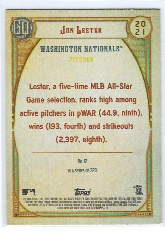 2021 Topps Gq Baseball #12 - JOHN LESTER - Washington Nationals | eBay