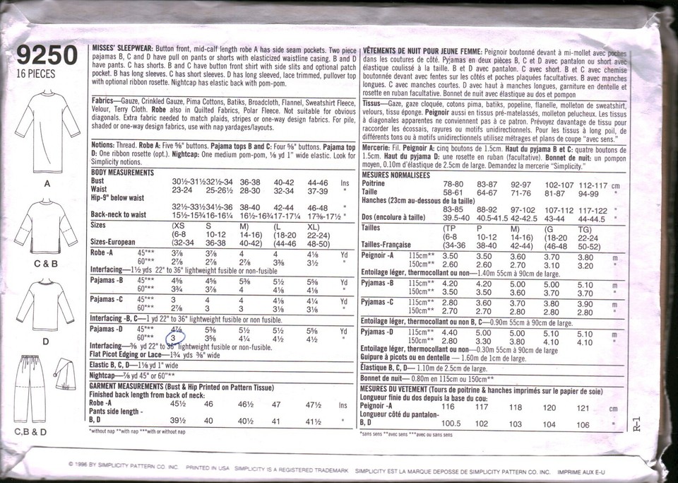 9250 Vintage Simplicity Sewing Pattern Misses Pajamas Sleepwear Robe ...