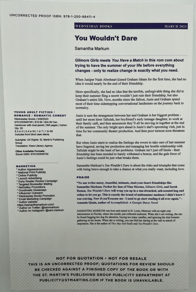 You Wouldn't Dare Novel By Samantha Markum Paperback ARC Uncorrected ...