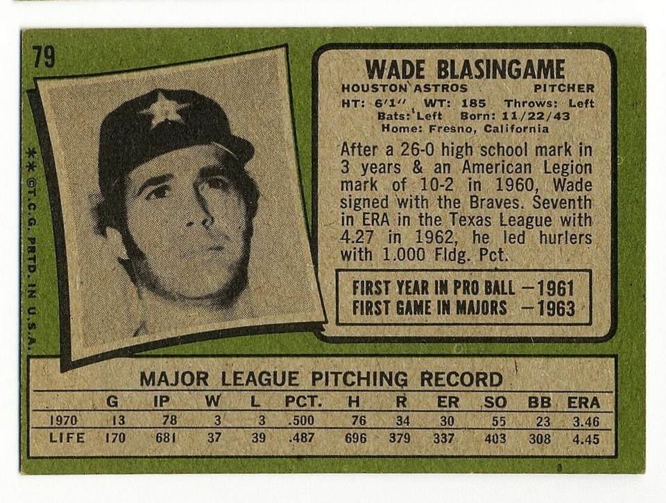 1971 TOPPS HOUSTON ASTROS WADE BLASINGAME #79 VG-EX | eBay