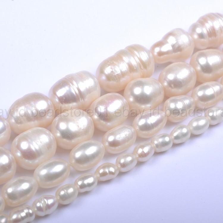 15" Natural Freshwater White Pearl Oval Rice Beads 4MM 6MM 8MM 10MM ...