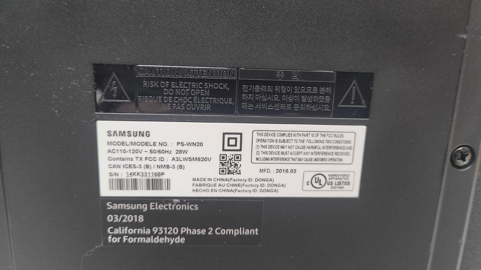 Samsung Ps-wn20 28watt Subwoofer for Ps-wn10 Sound System Soundbar for ...