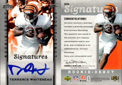 2006 Upper Deck Rookie Debut #208 Terrence Whitehead AU RC Auto - NM-MT ...