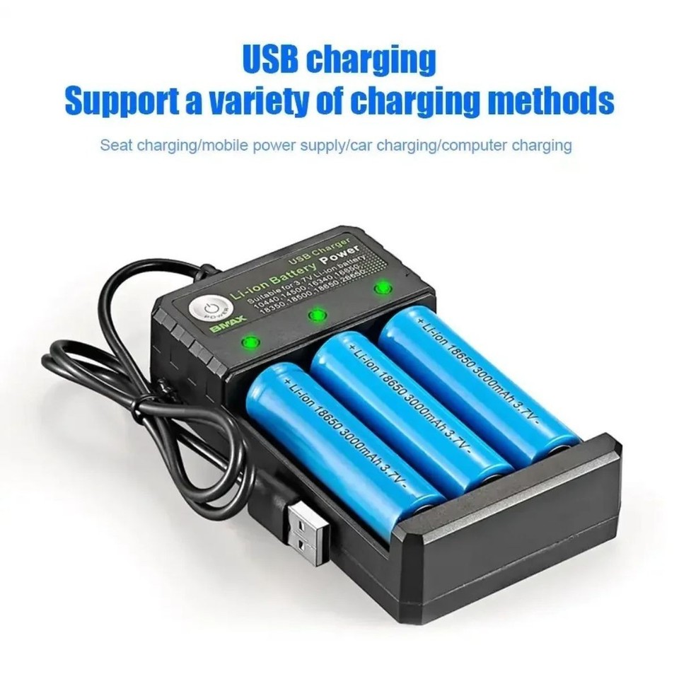 3 Slots Smart Battery Charger LED Display for 3.7V Rechargeable 18650 ...