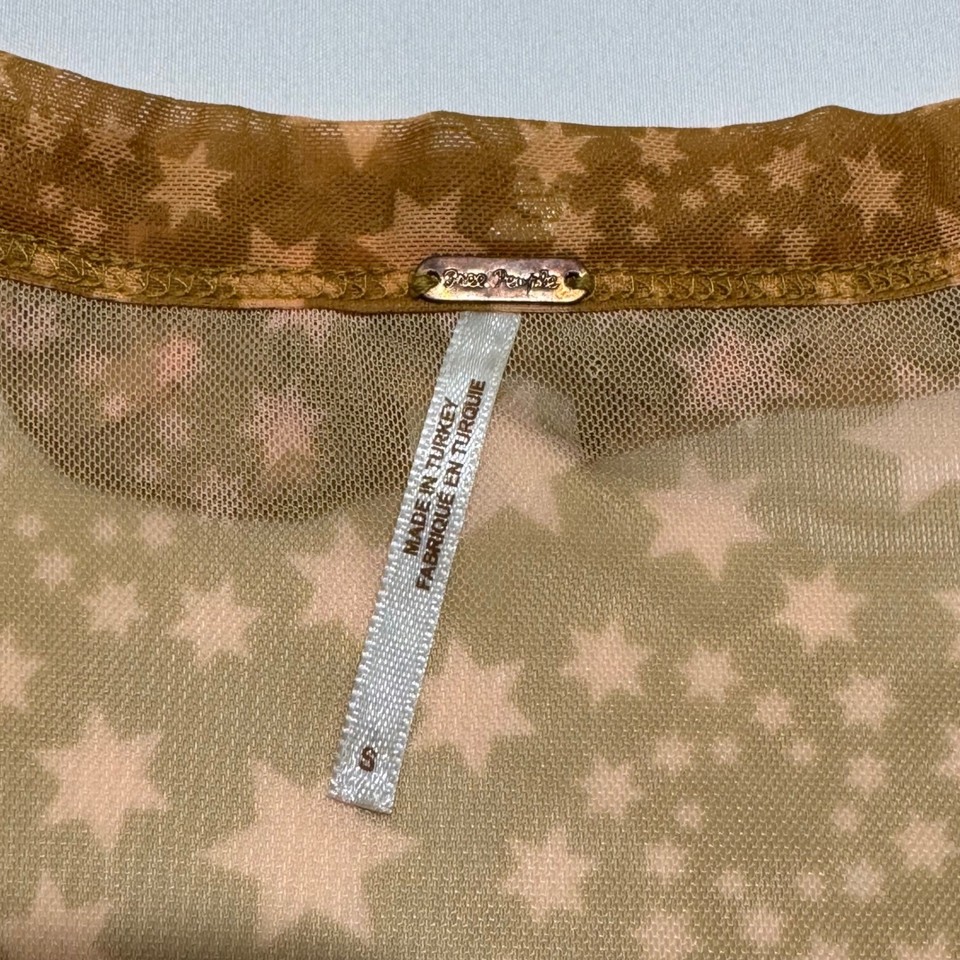 Free People Star Print Mesh Tie Front Ruffle Crop Top Ochre Tan Small ...