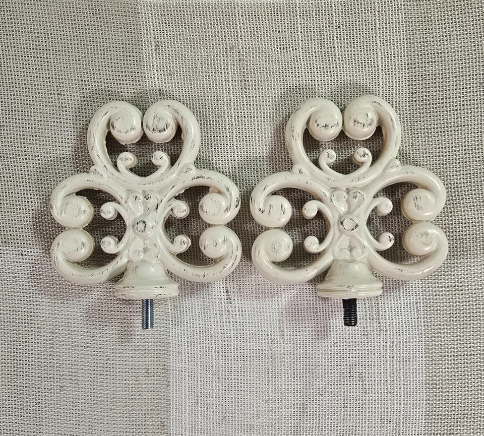 2 White Enamel Distressed Painted Metal Architectural Scroll Finials 3 ...