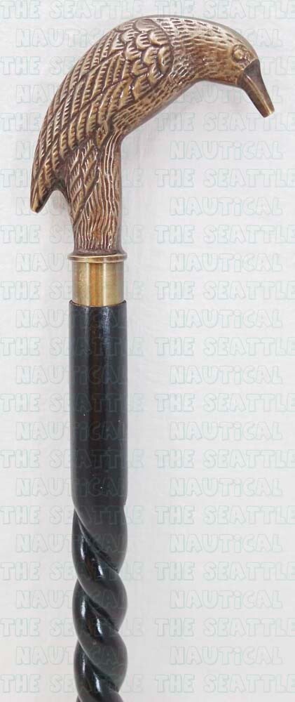 Brass Antique Finish Bird Raven Head Handle Wooden Wa… - Gem