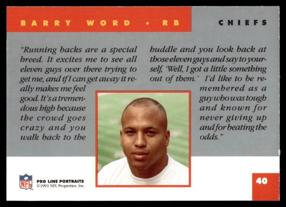 1991 Pro Line Portraits #40 Barry Word Kansas City Chiefs | eBay