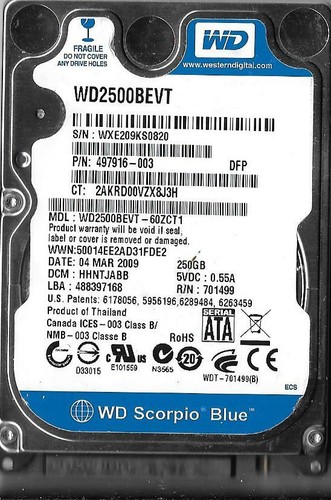 Western Digital WD2500BEVT-60ZCT1 250GB Sata Hard Drive DCM: HHNTJABB ...