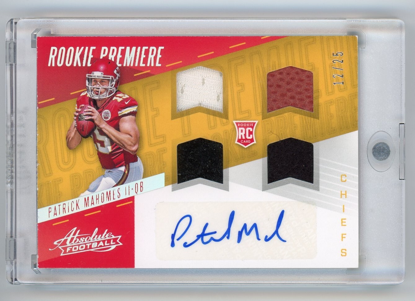 PATRICK MAHOMES 2017 PANINI ABSOLUTE ROOKIE QUAD PATCH AUTO /25 CHIEFS ...