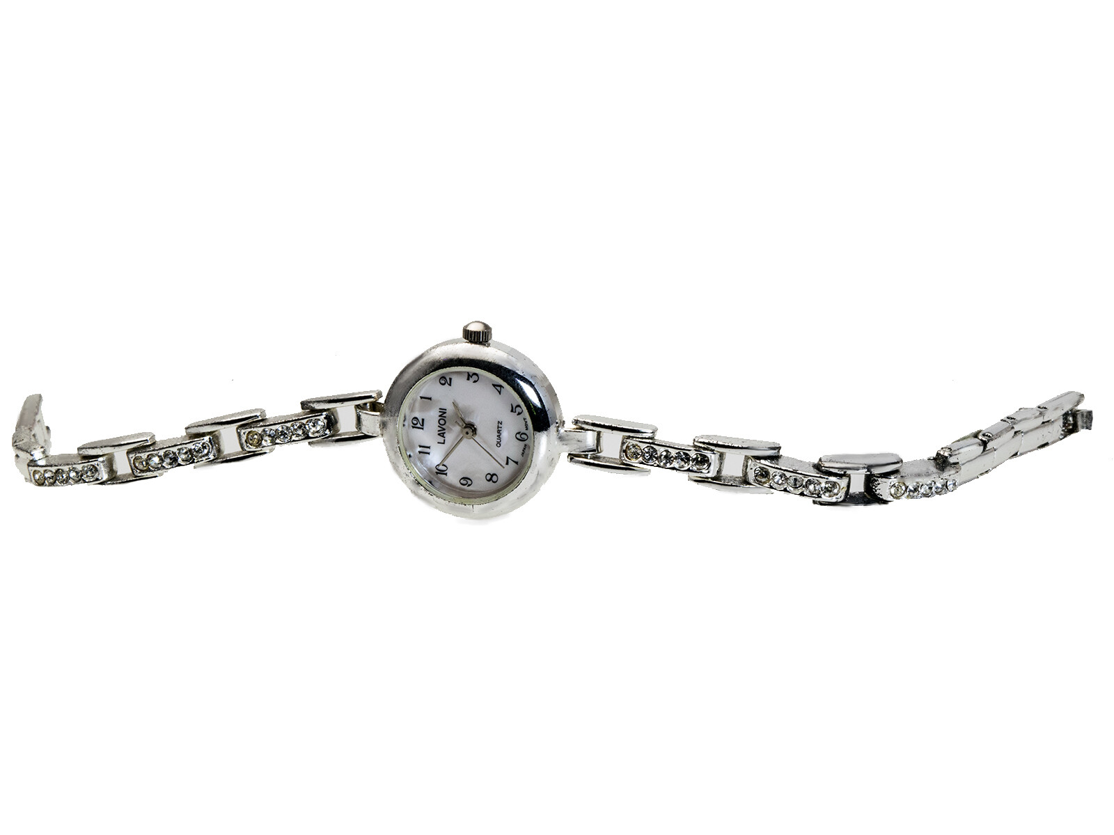LAVONI:WOMENS' SILVER FINISH WITH STONES METAL BAND ROUND CASE ANALOG ...