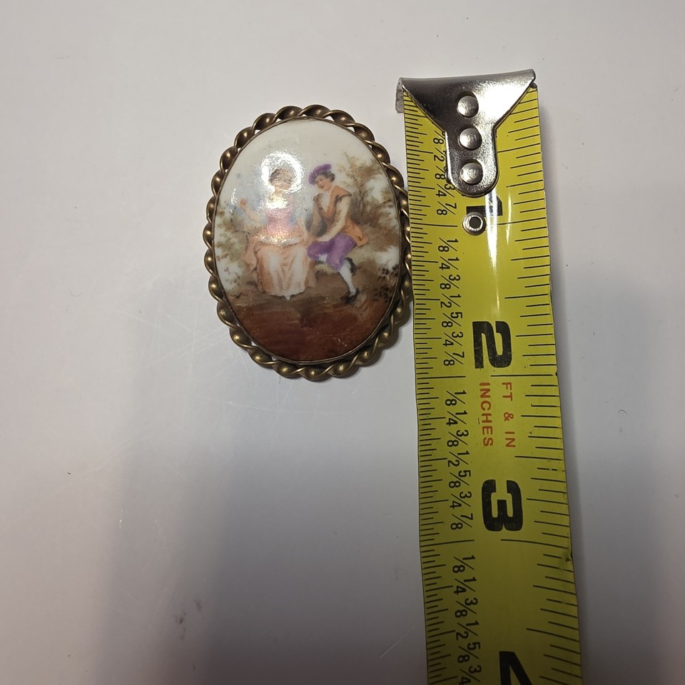 Vintage Hand Painted Porcelain Portrait Brooch | Brass Rope Frame ...