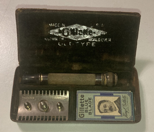Vintage 1921(?) Gillette Old Type Safety Razor Set in Case w/ Blue ...