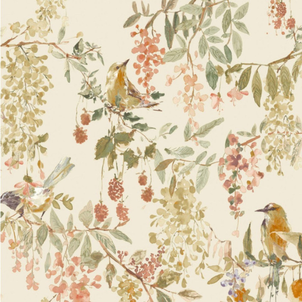 Grandeco Blackberry Trail Cream Wallpaper Wildflower Bird Nature Paste ...
