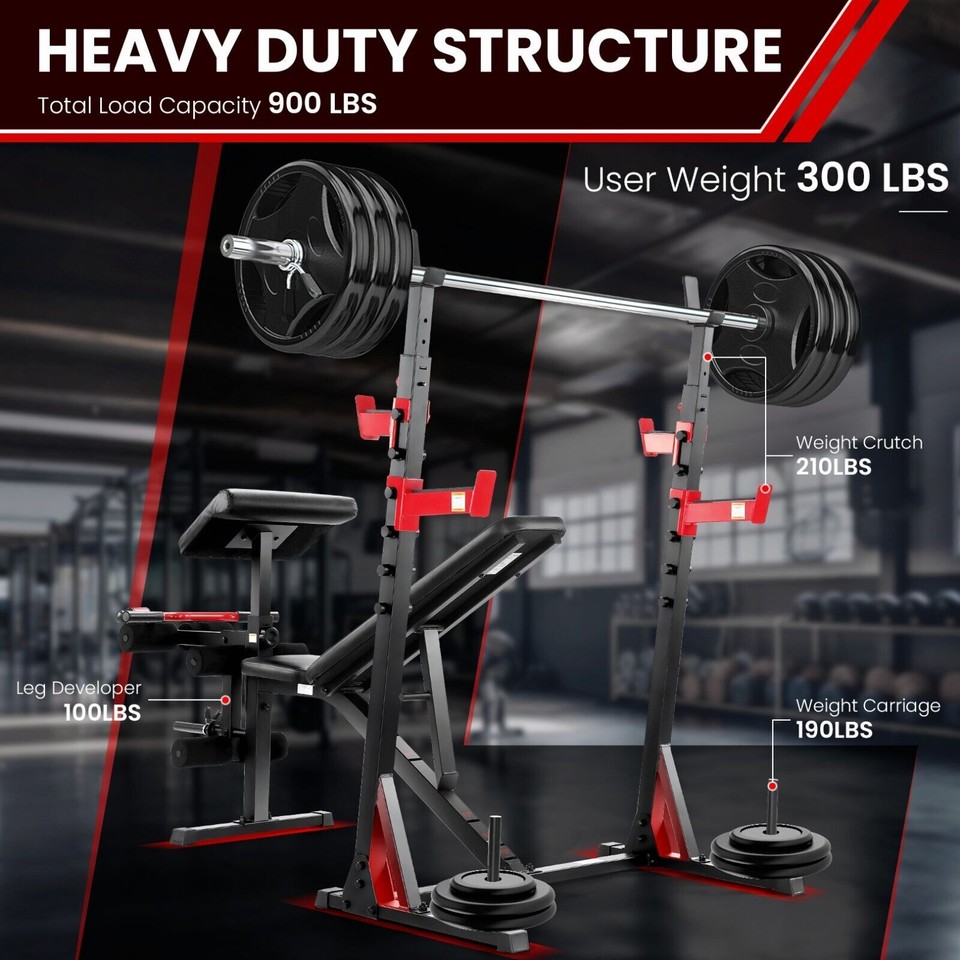 900LBS Heavy Duty Weight Bench w/Barbell/Squat Rack Adjustable Full ...