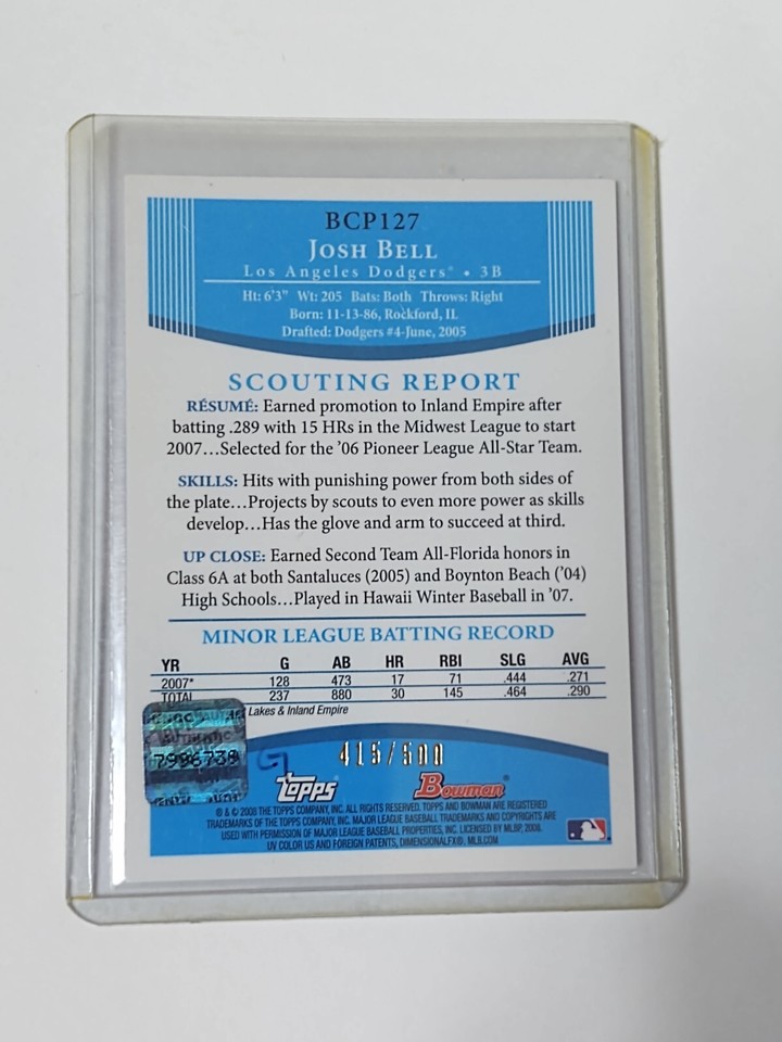 2008 bowman chrome josh bell auto autograph refractor ref. /499 | eBay