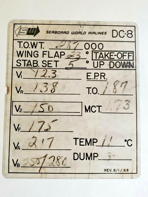RARE VINTAGE SEABOARD WORLD AIRLINES SWA DC-8 TAKEOFF AND LANDING DATA ...