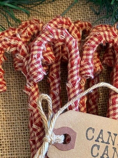 12 Primitive 6" BARN RED SMALL CHECK Fabric Candy Canes Christmas ...