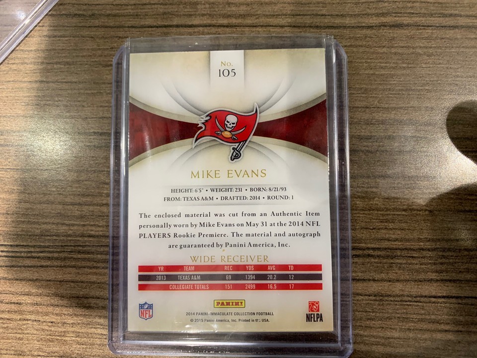 2014 PANINI IMMACULATE MIKE EVANS ROOKIE PATCH AUTO /13 LOGO #105 RPA ...