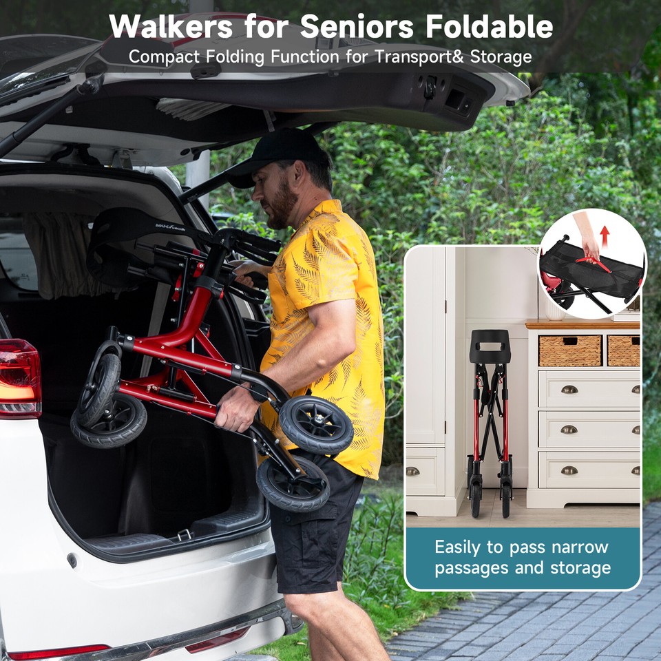 MAXWALK Rollator Walker w/Wide Seat Backrest All-Terrain Non-Slip ...