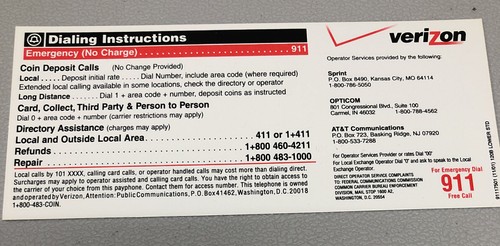 Verizon PAYPHONE INSTRUCTION CARDS For Automatic Electric 120B Style ...