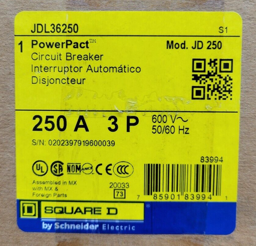 Square D JDL36250 250a 3p 600v Circuit Breaker Brand New Factory Sealed ...