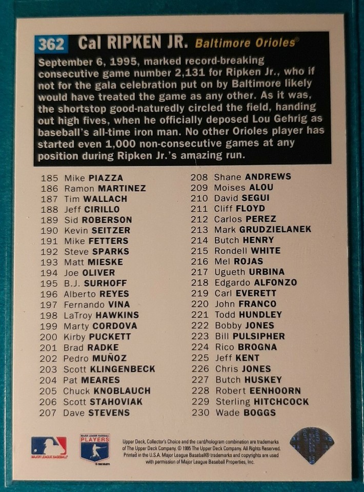1996 COLLECTOR'S CHOICE CAL RIPKEN JR. CHECKLIST #362 BALTIMORE ORIOLES ...