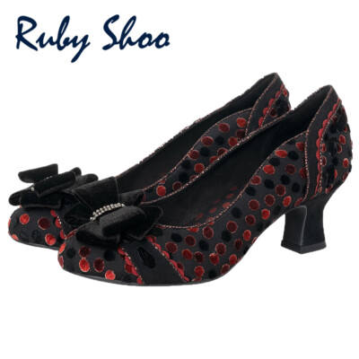 Ruby Shoo Womens Low Heels Shoes Vintage Vegan Bow Red Black UK 3 - 8 ...