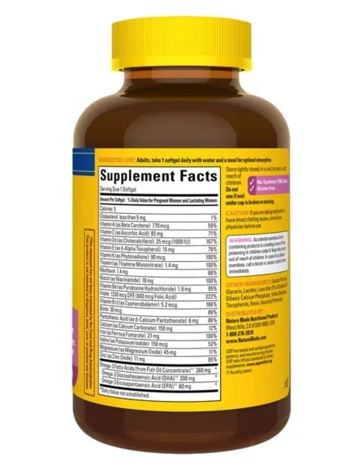 Nature Made Prenatal Multi Vitamin + DHA, 200 mg DHA, 150 Softgels EXP ...