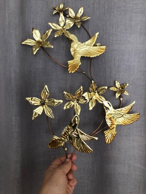Vintage Art Wall Hanging Decor Hummingbirds Flowers Branches Brass ...